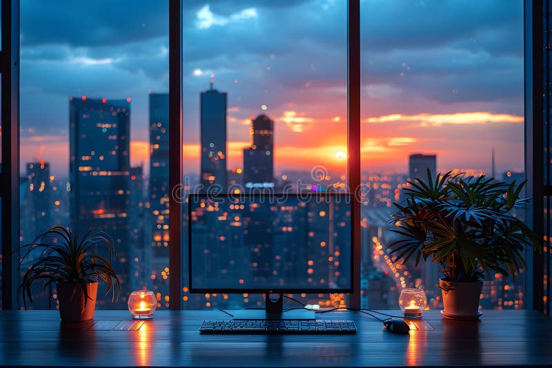 Urban Sunset Office View: Modern Workspace with Cityscape and Candlelit ...