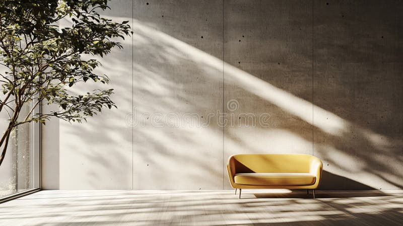 A Contemporary Yellow Sofa in a Sun-drenched Room with a Concrete Wall ...