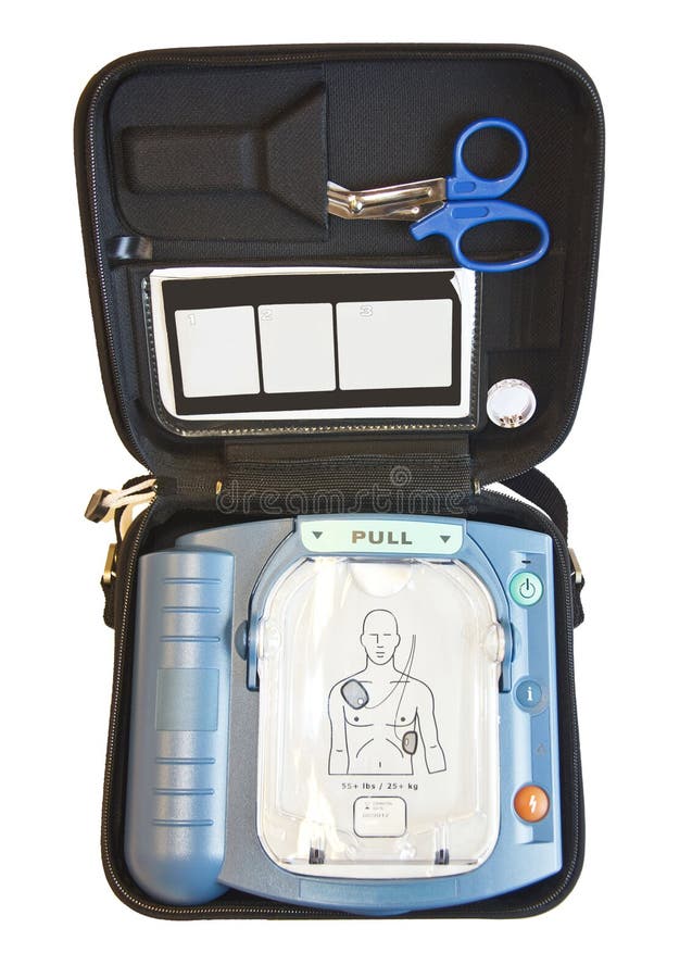 Content of an AED, First Aid Box Stock Image - Image of electronic ...