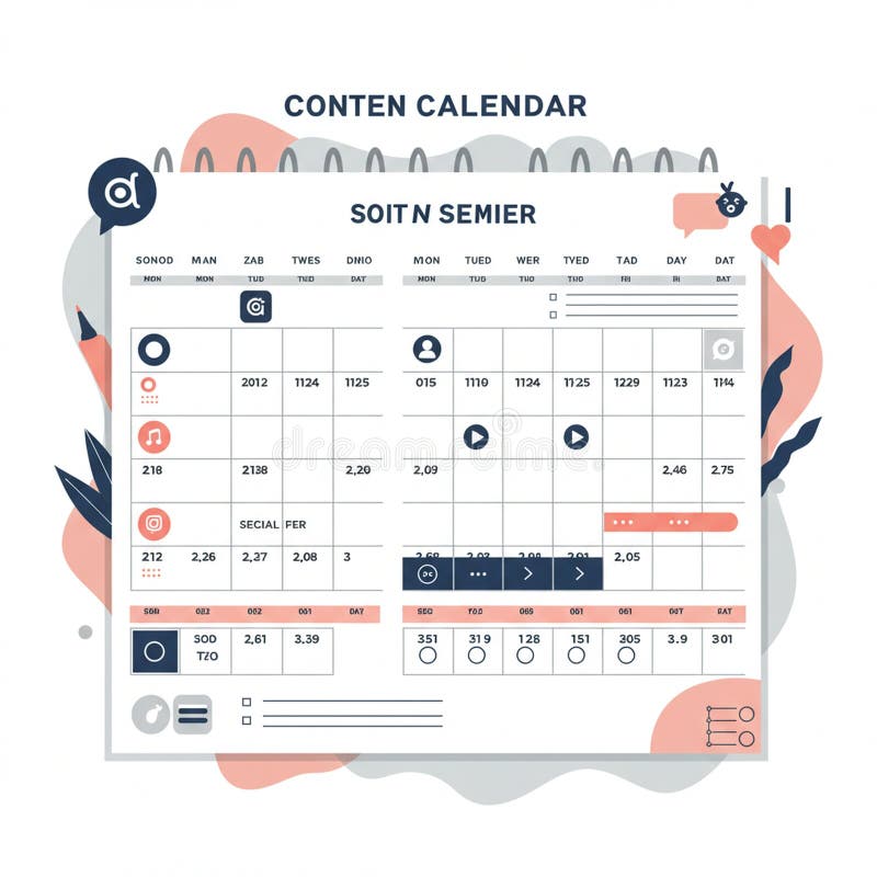 Content Calendar with a Grid Layout, Featuring Days of the Week and ...