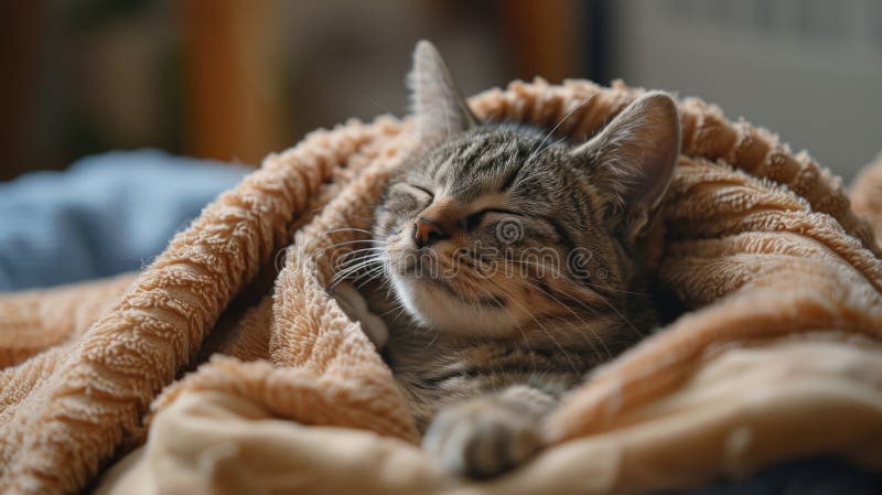 A Content Cat Being Pampered and Wrapped in a Soft Towel after a ...