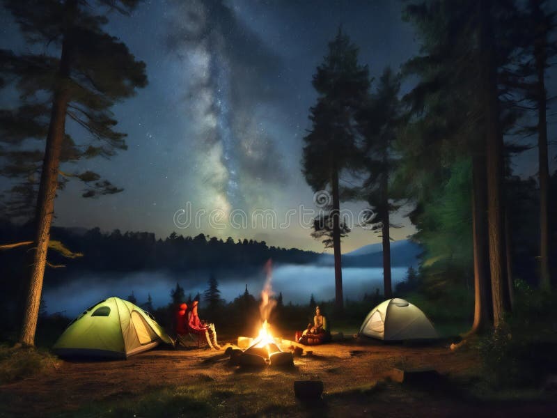 The Perfect Night of Outdoor Activities at a Forest Campsite Stock ...