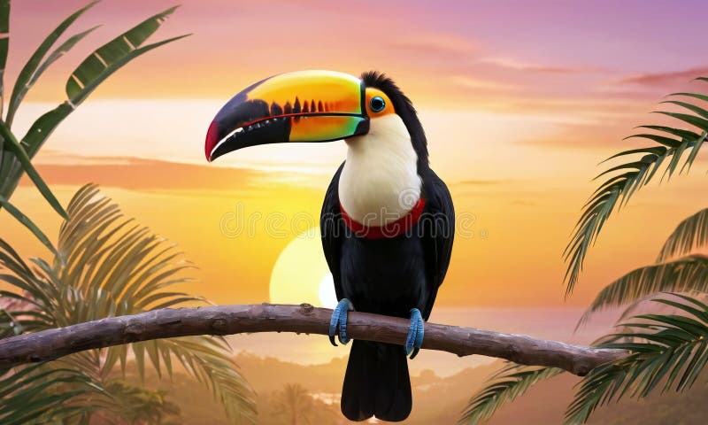 A Digital Artwork of a Vibrant Toucan Perched on a Tropical Tree Branch ...