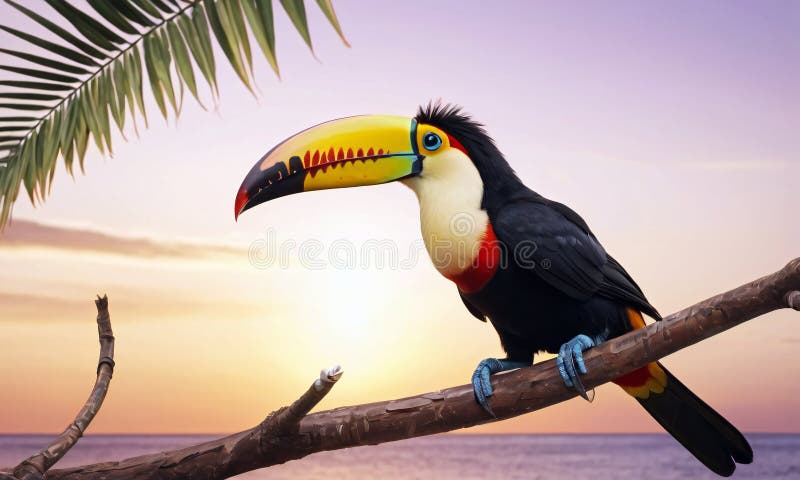 A Digital Artwork of a Vibrant Toucan Perched on a Tropical Tree Branch ...