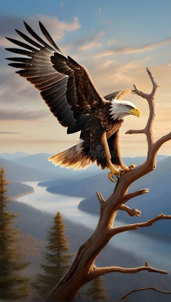 A Majestic Young Eagle Perched Atop a Lofty Tree Branch Stock ...
