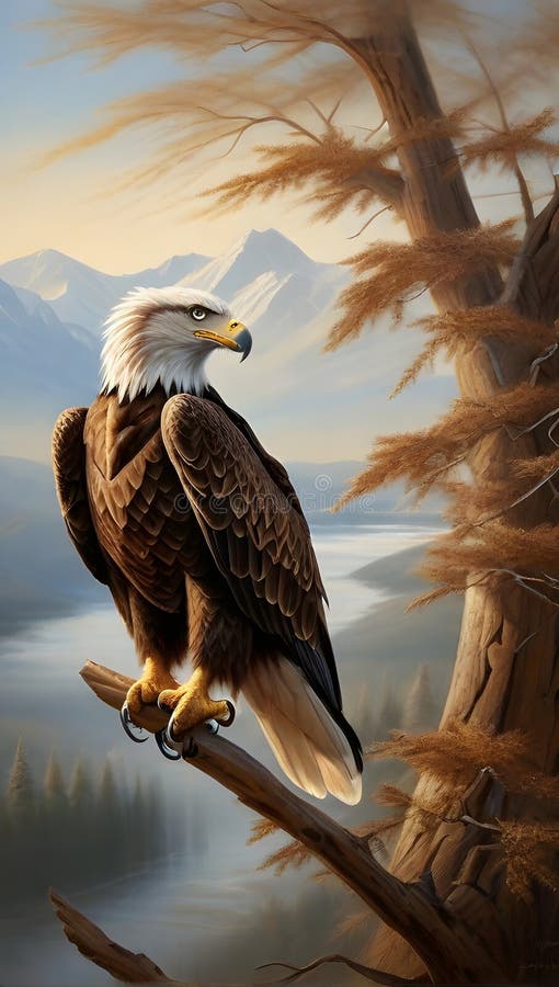 A Majestic Young Eagle Perched Atop a Lofty Tree Branch Stock ...