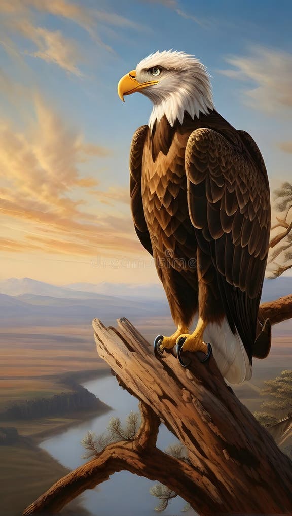 A Majestic Young Eagle Perched Atop a Lofty Tree Branch Stock ...