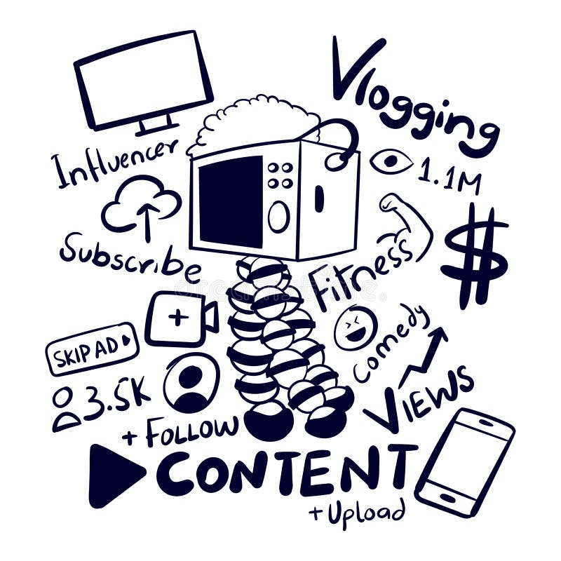 Content Creation Drawings Vector. Hand Drawn Content Creator Scribbles ...