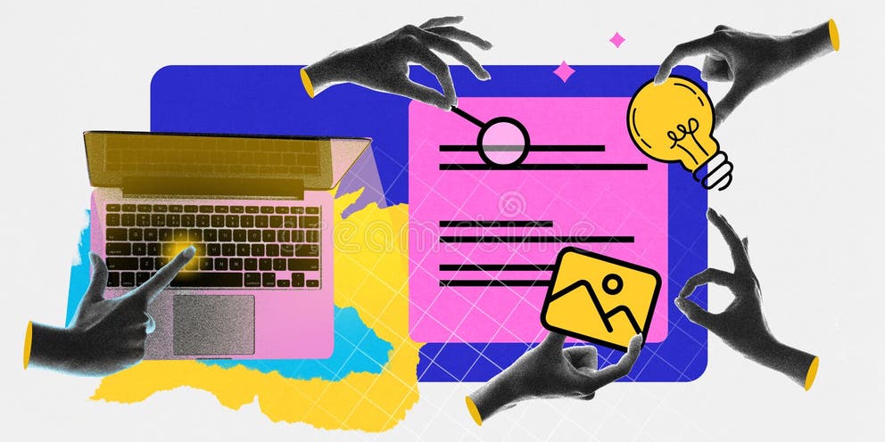 Content Creation. Hands Revise Document with Magnifying Glass, Lightbulb, and Image Icon Stock ...