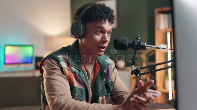 Content Creation, Man and Influencer with Microphone, Computer and ...