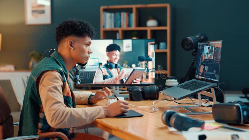 Content Creator, Computer Screen and Man Editing Video on Graphic ...