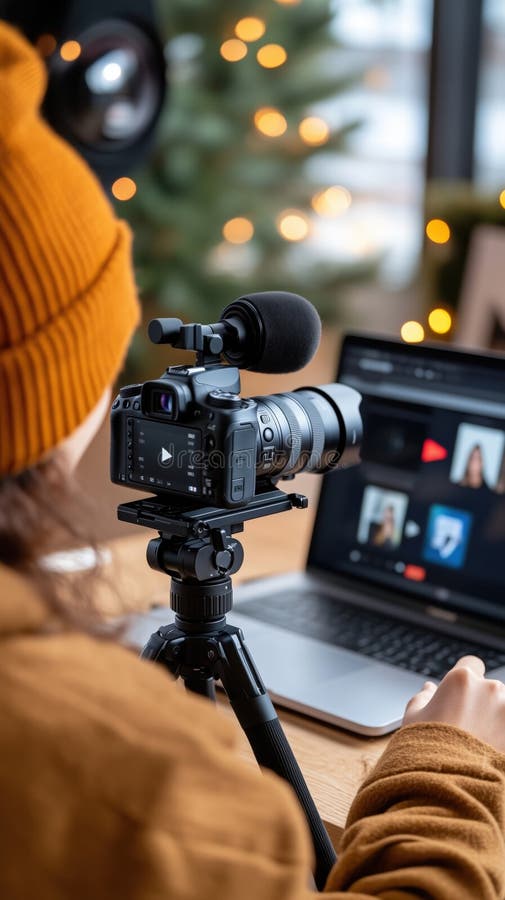 Content Creator Hosting Video Call with DSLR and Laptop Stock ...