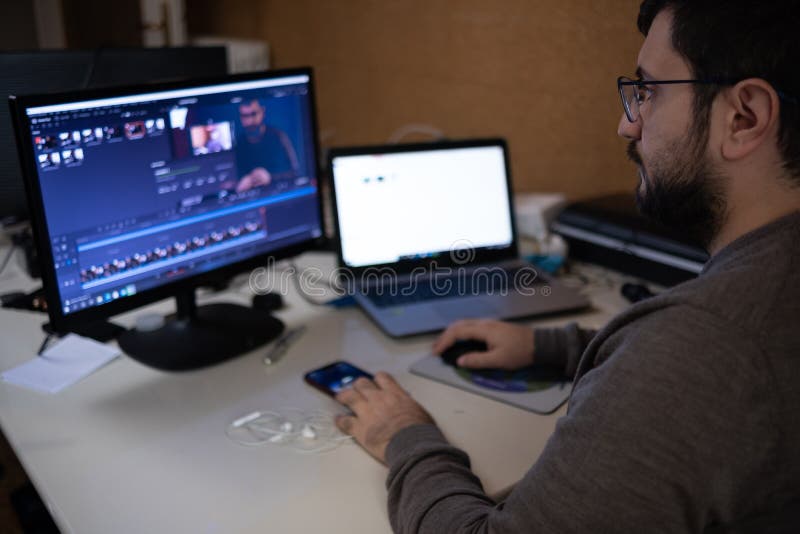 Content Creator Editing His Video Stock Image - Image of podcast ...