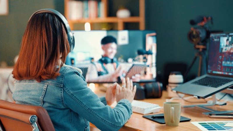 Content Creator, Headphones and Woman Editing Video on Computer Screen ...
