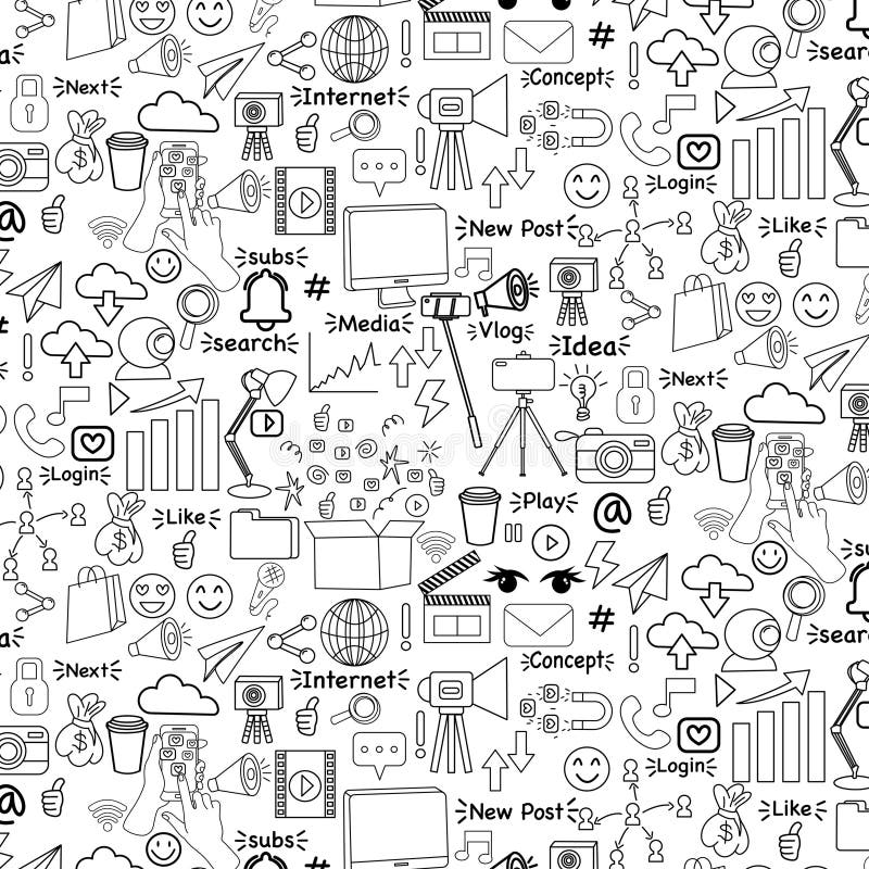 Content Creator Influence Hand Drawn Doodle Seamless Pattern Stock ...