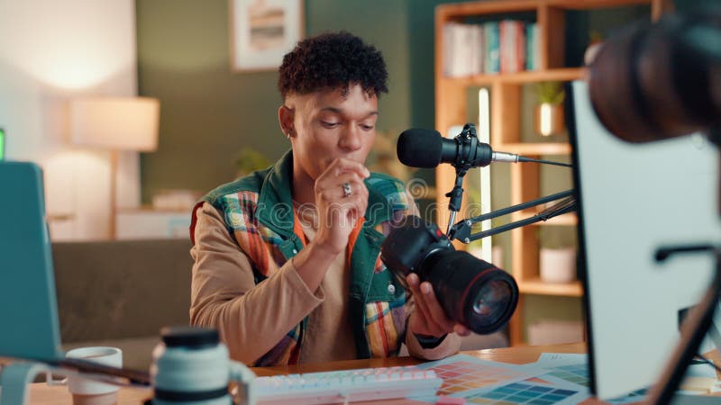 Content Creator, Microphone and Camera with Man in Studio for ...