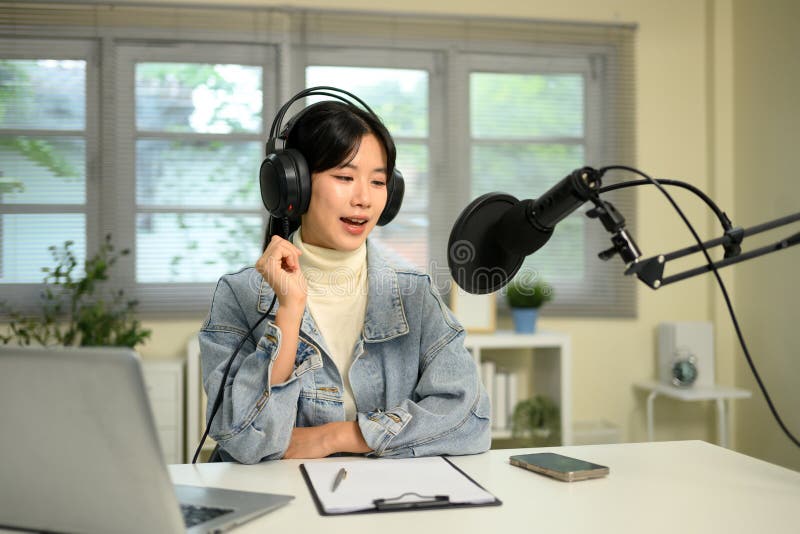 Content Creator Recording an Audio Session or Live Streaming at Home ...