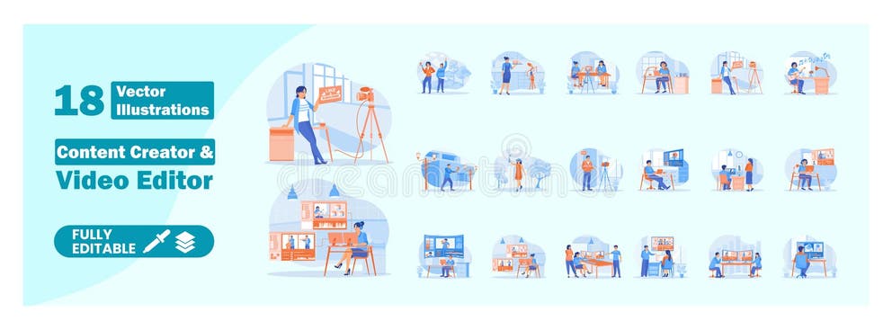 Content Creator and Video Editor Vector Illustrations. Mega Set Stock ...
