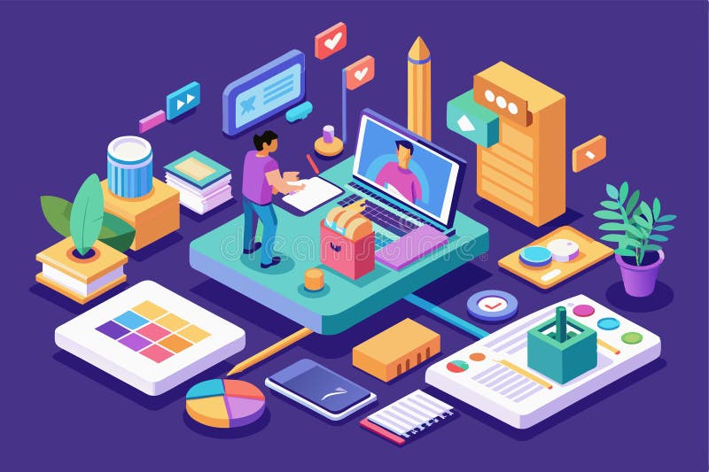 Content Creator Working on Laptop at Desk with Online Meeting, Content ...