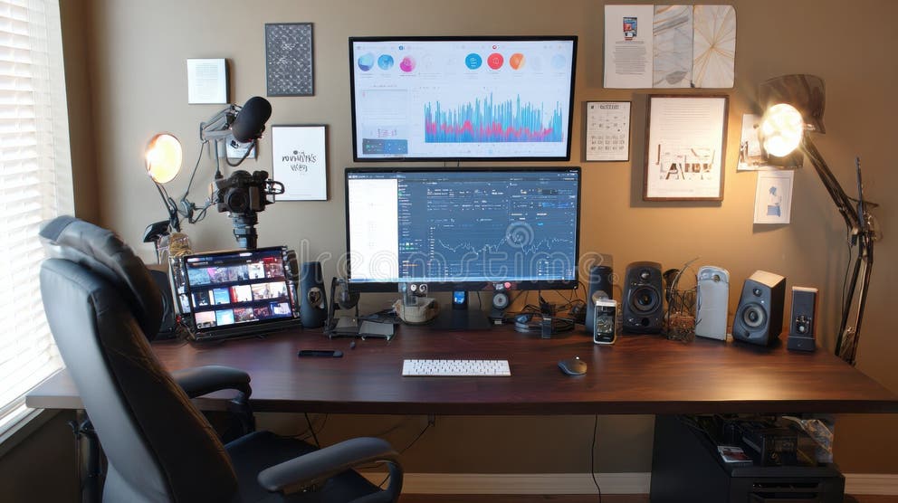 Content Creator Workspace Featuring Camera, Lighting, and Analytics ...