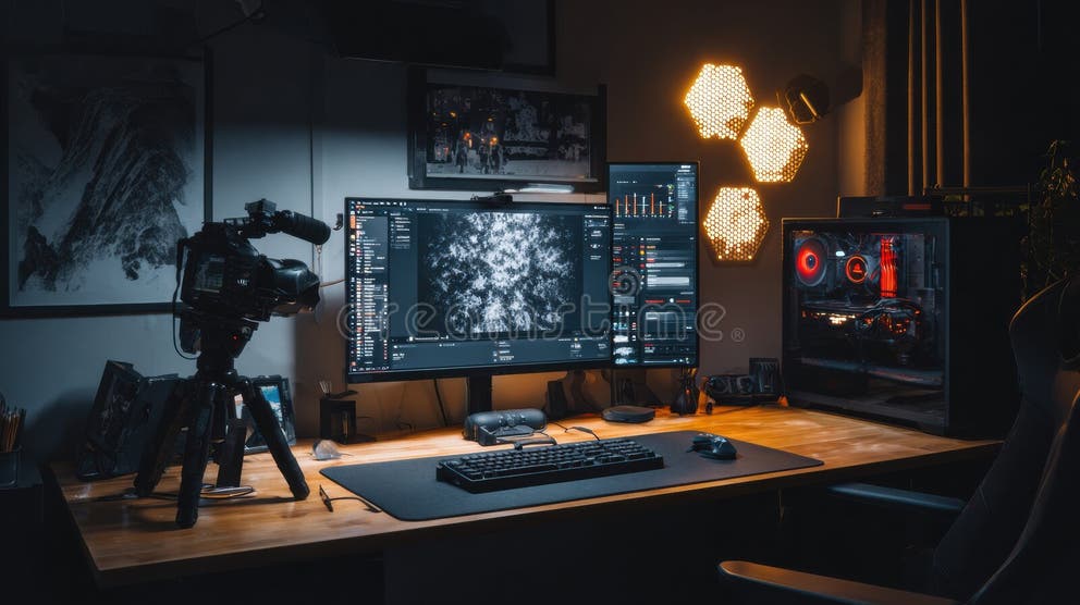 Content Creator Workspace Featuring Camera, Lights, and Analytics ...