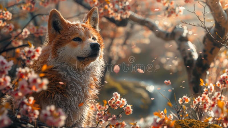 Content Fox in Blossoming Garden - Generative Ai Stock Illustration ...