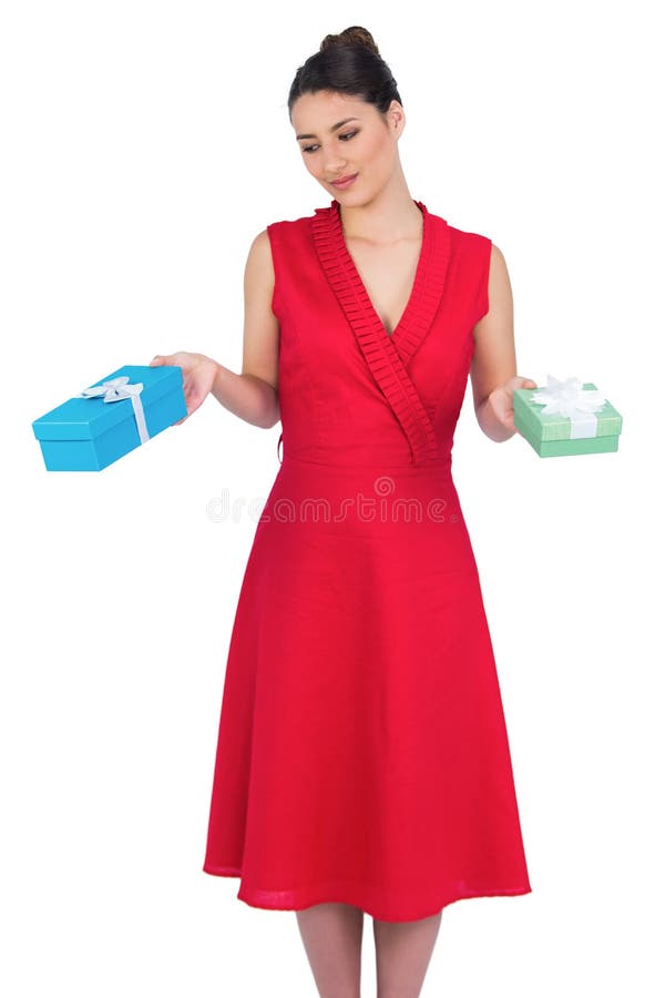 Content Glamorous Model Red Dress Offering Presents Stock Photos - Free ...