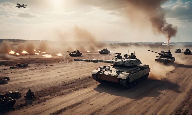 A Dynamic Scene of a Modern Battlefield, Where Tanks Advance Alongside ...