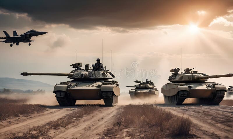 A Dynamic Scene of a Modern Battlefield, Where Tanks Advance Alongside ...