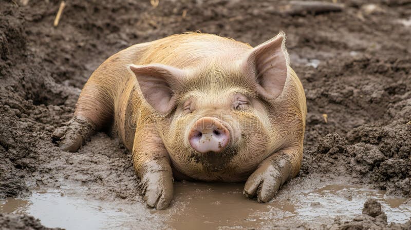 A Content Pig Lying in a Mud Puddle on a Farm, Showcasing Natural ...