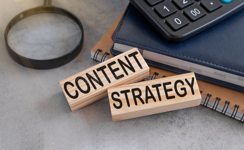 Content Strategy Text on Wooden Blocks on Grey Background with Notebook ...