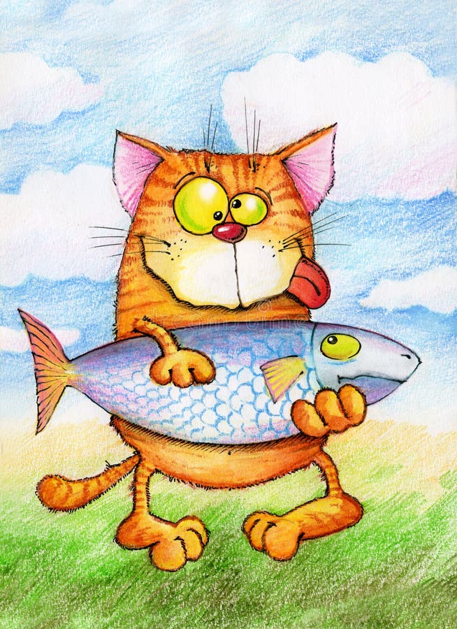 Contented Cat Holding Very Big Fish Stock Illustration - Illustration ...