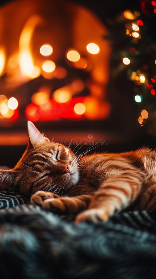 A Contented Cat Napping by the Fireplace on a Christmas Day. Cozy ...