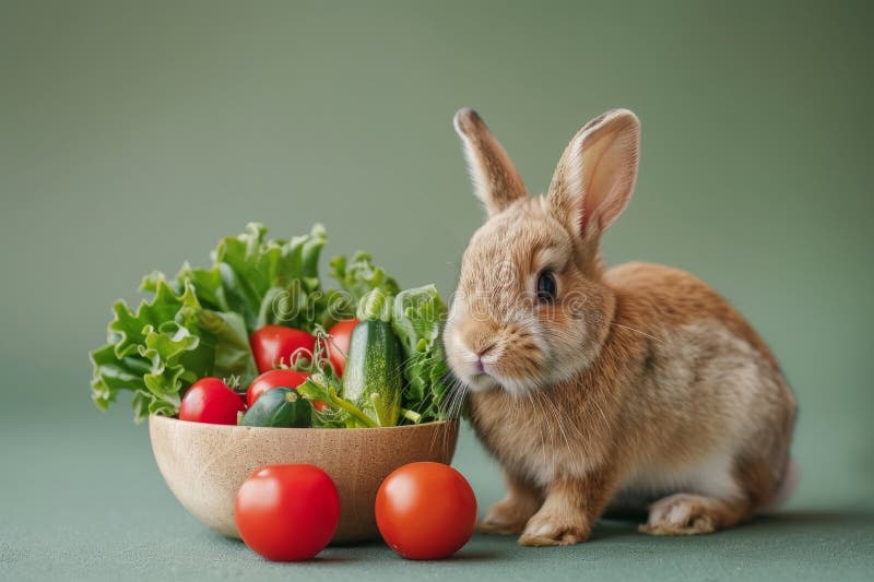 Contented Rabbit Sitting beside a Bowl of Fresh Vegetables Stock Photo ...