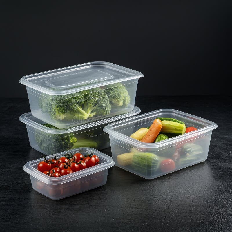 With Contents, Six Clear Plastic Food Storage Containers Stock Image ...