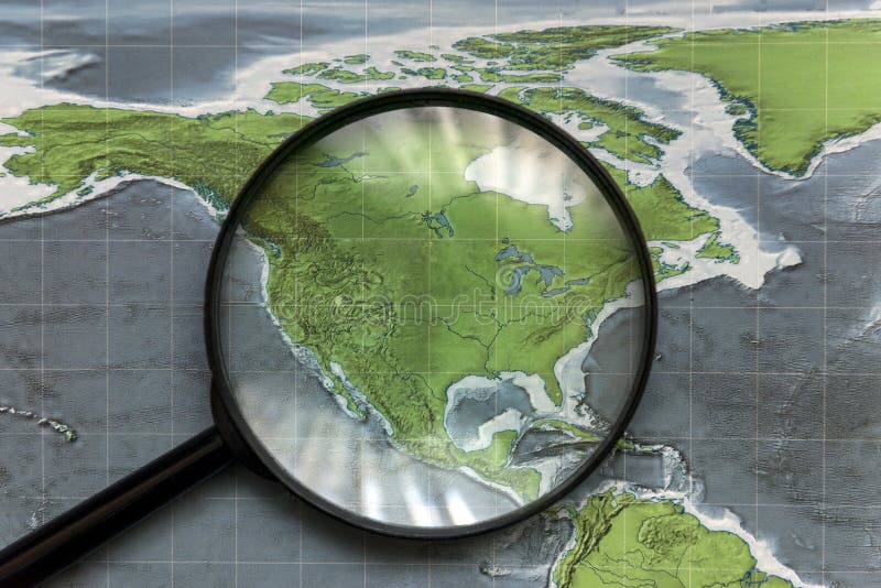 Continent of North America on the Map Under a Magnifying Glass Stock ...