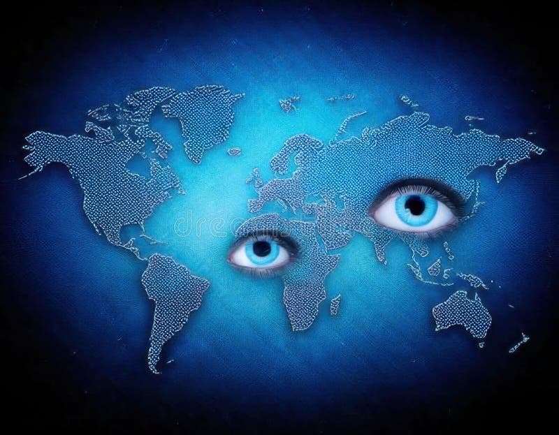 Continental Abstract Wallpaper with World Map and Merged Blue Eyes ...