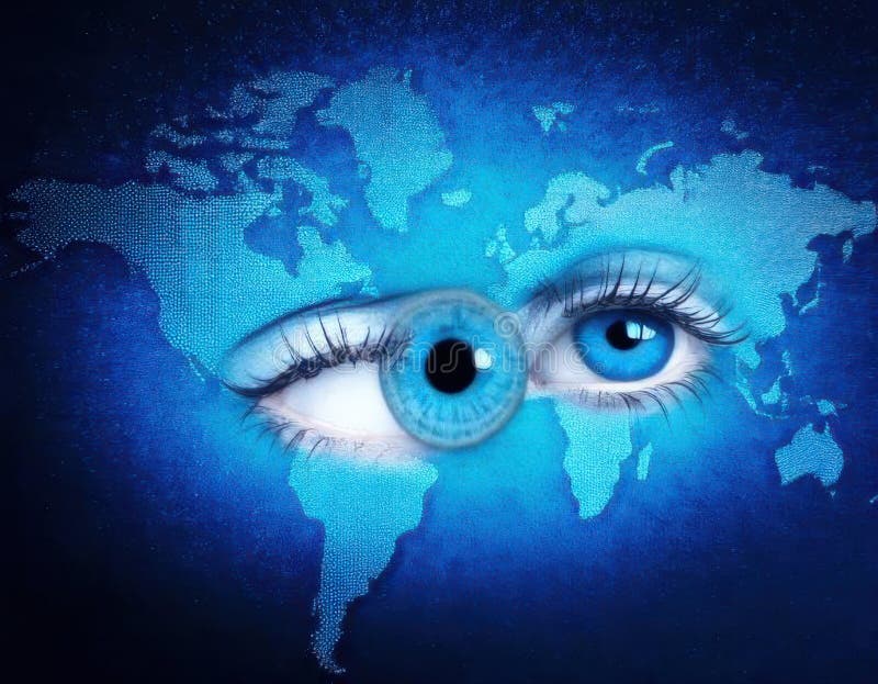 Continental Abstract Wallpaper with World Map and Merged Blue Eyes ...