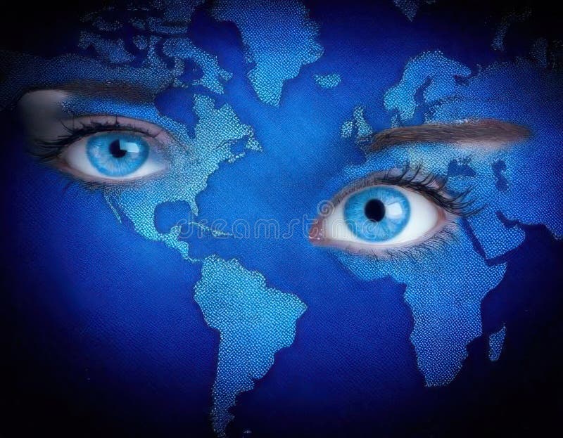 Continental Abstract Wallpaper with World Map and Merged Blue Eyes ...