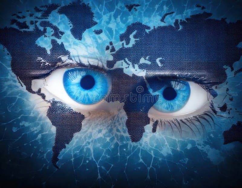 Continental Abstract Wallpaper with World Map and Merged Blue Eyes ...