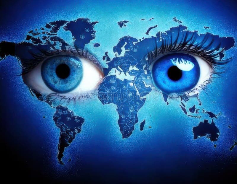 Continental Abstract Wallpaper with World Map and Merged Blue Eyes ...