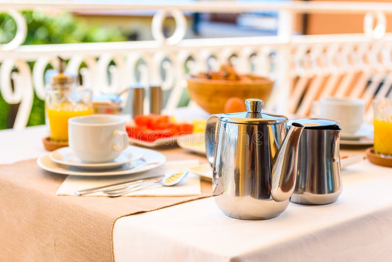 Continental Morning Breakfast Table Setting with Sea View is Served ...