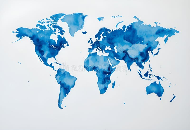 Abstract Watercolor World Map Featuring Varying Shades of Blue on a ...