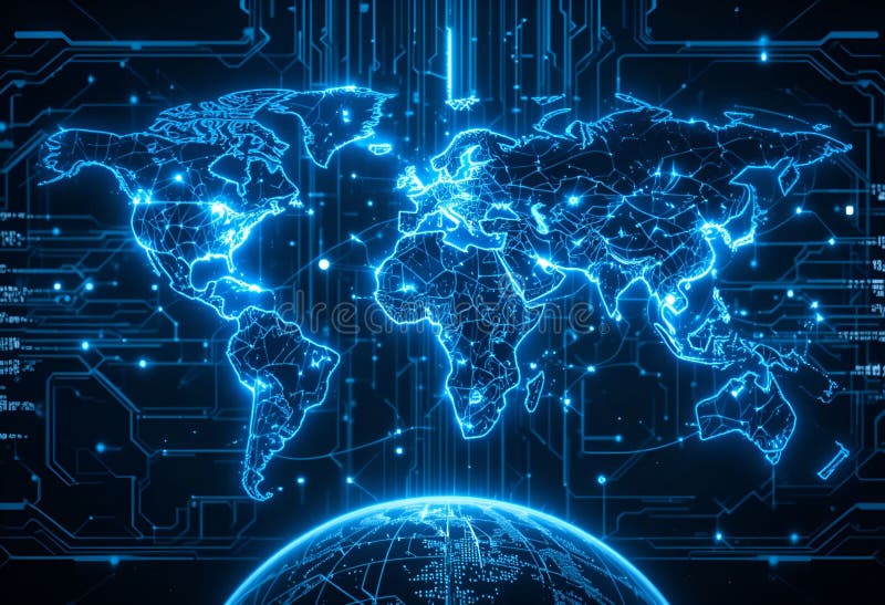 Glowing Digital World Map in a Futuristic Style Featuring Bright Blue ...