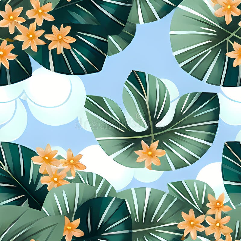 A Continuous Belt of Tropical Florals. Wallpaper Pattern Painted in ...