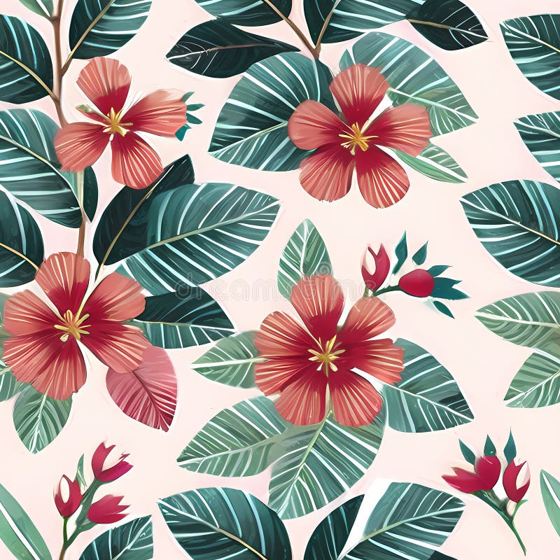 A Continuous Belt of Tropical Florals. Wallpaper Pattern Painted in ...