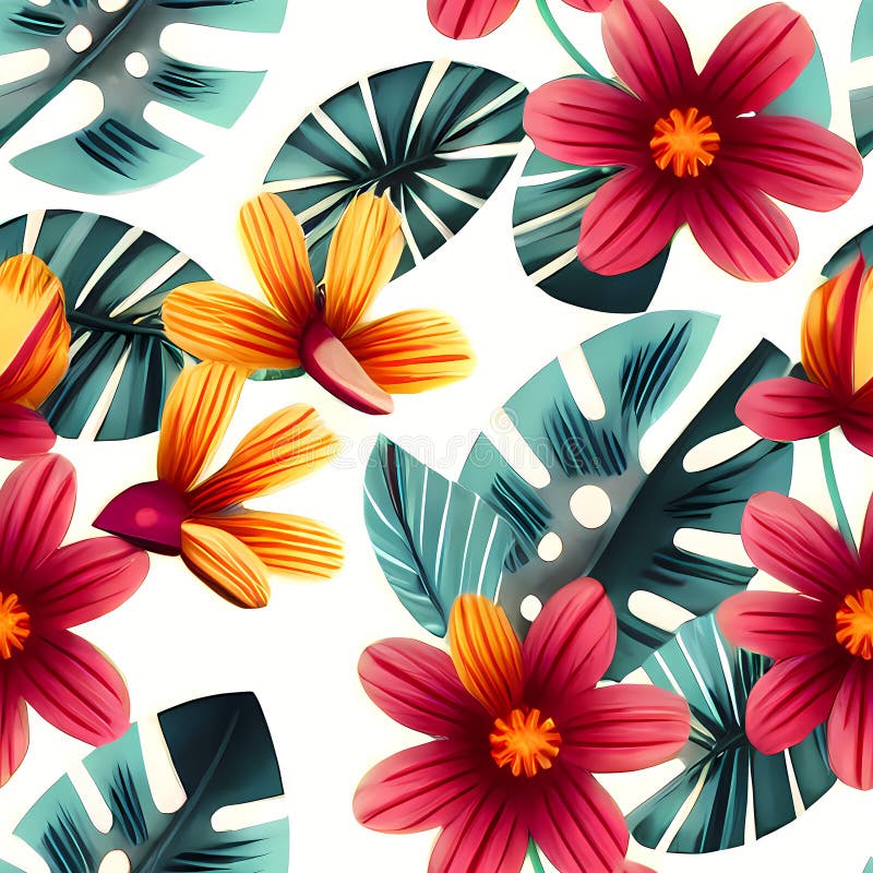 A Continuous Belt of Tropical Florals. Wallpaper Pattern Painted in ...