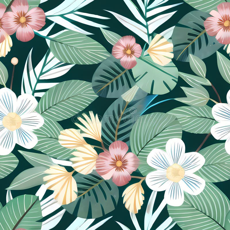 A Continuous Belt of Tropical Florals. Wallpaper Pattern Painted in ...