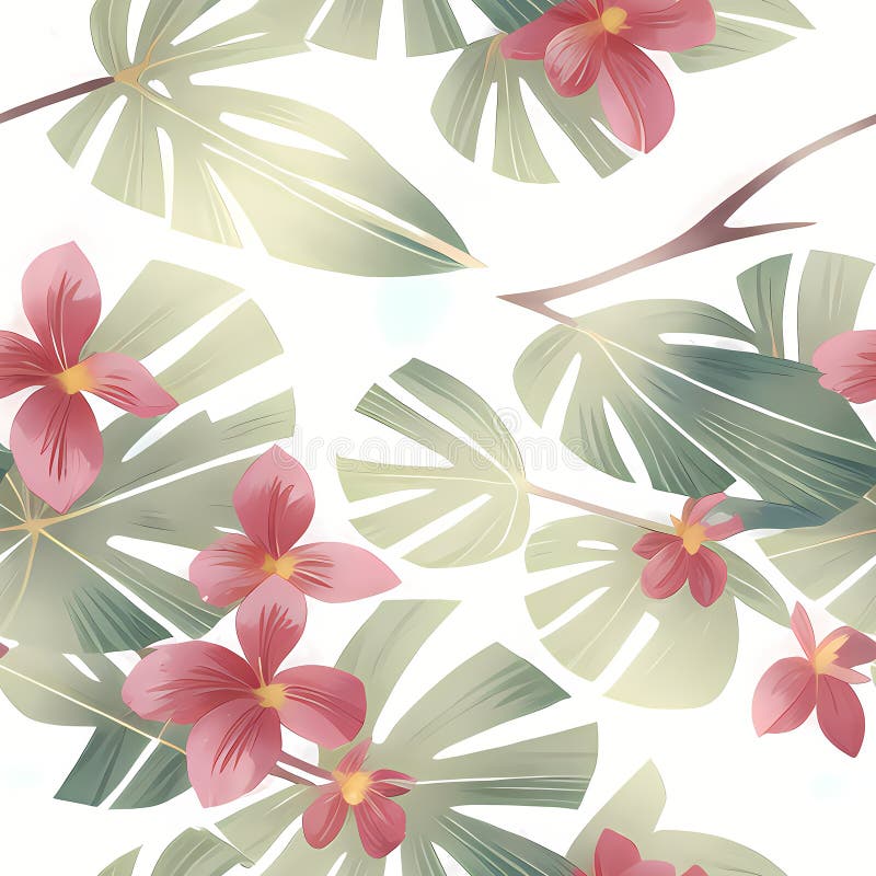 A Continuous Belt of Tropical Florals. Wallpaper Pattern Painted in ...