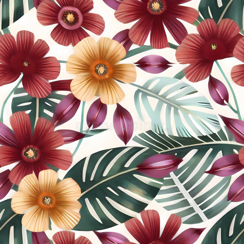 A Continuous Belt of Tropical Florals. Wallpaper Pattern Painted in ...